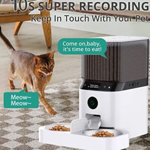 Automatic Cat Feeders with Camera,1080P HD Night Vision 2.4G WiFi 5L Pet Feeder,Height Adjustable Dog Dry Food Dispenser,Two Way Splitter & Three Stainless Bowls,10s Meal Call & Interaction (White)