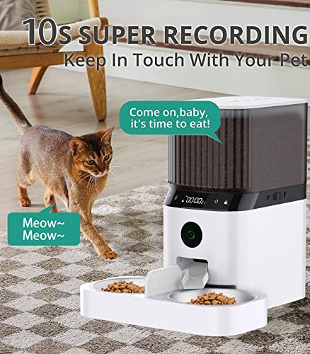 Automatic Cat Feeders with Camera,1080P HD Night Vision 2.4G WiFi 5L Pet Feeder,Height Adjustable Dog Dry Food Dispenser,Two Way Splitter & Three Stainless Bowls,10s Meal Call & Interaction (White)