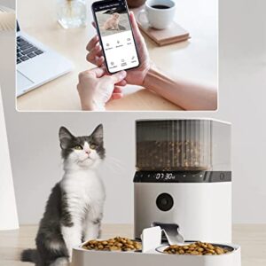 Automatic Cat Feeders with Camera,1080P HD Night Vision 2.4G WiFi 5L Pet Feeder,Height Adjustable Dog Dry Food Dispenser,Two Way Splitter & Three Stainless Bowls,10s Meal Call & Interaction (White)