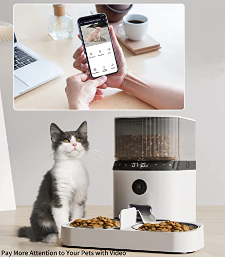 Automatic Cat Feeders with Camera,1080P HD Night Vision 2.4G WiFi 5L Pet Feeder,Height Adjustable Dog Dry Food Dispenser,Two Way Splitter & Three Stainless Bowls,10s Meal Call & Interaction (White)