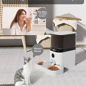 Automatic Cat Feeders with Camera,1080P HD Night Vision 2.4G WiFi 5L Pet Feeder,Height Adjustable Dog Dry Food Dispenser,Two Way Splitter & Three Stainless Bowls,10s Meal Call & Interaction (White)