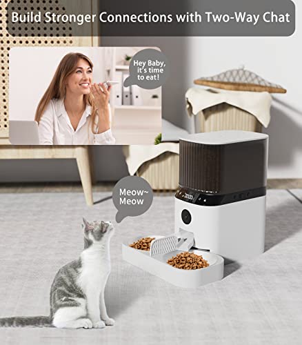 Automatic Cat Feeders with Camera,1080P HD Night Vision 2.4G WiFi 5L Pet Feeder,Height Adjustable Dog Dry Food Dispenser,Two Way Splitter & Three Stainless Bowls,10s Meal Call & Interaction (White)