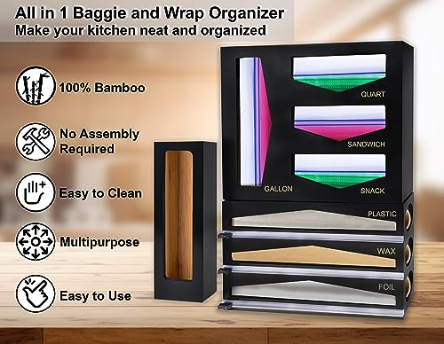 BAMBOO HEAVEN Wooden Ziplock Bag Organizer with Foil and Plastic Wrap Organizer with Cutter and Labels - Black Bamboo | Wax Paper, Plastic Wrap & Aluminum Foil Roll Dispenser with Slide Cutter