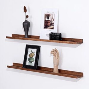 AZSKY Floating Wood Wall Shelves Light Walnut 48 Inch Long Hanging Picture Photo Ledge Shelf Rustic Modern Narrow Shelves for Wall Decor Storage and Display Nursery Book Shelves a Set of 3