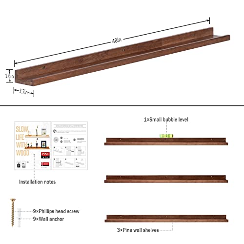 AZSKY Floating Wood Wall Shelves Light Walnut 48 Inch Long Hanging Picture Photo Ledge Shelf Rustic Modern Narrow Shelves for Wall Decor Storage and Display Nursery Book Shelves a Set of 3