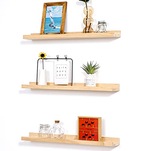 AZSKY Natural Wood Wall Mounted Shelves 24 Inch Floating Wall Book Shelf Floating Ledge Storage Rustic Shelves Photo Picture Ledge for Home Decor a Set of 3