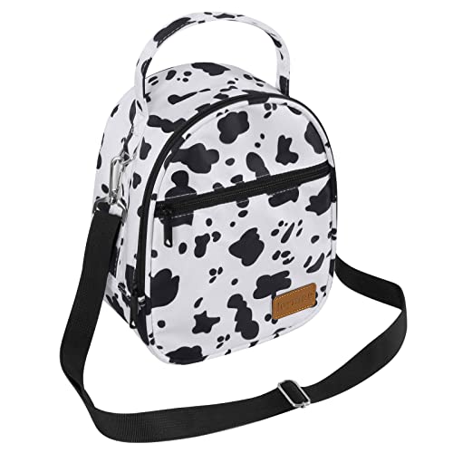 Joymee Lunch Box Insulated Lunch Bag Women Men Reusable Cooler Bag Adult Cute Lunch Tote Bags Organizer with Front Zipper Pocket,Adjustable Shoulder Strap for Work Office Picnic Travel,Cow Print White