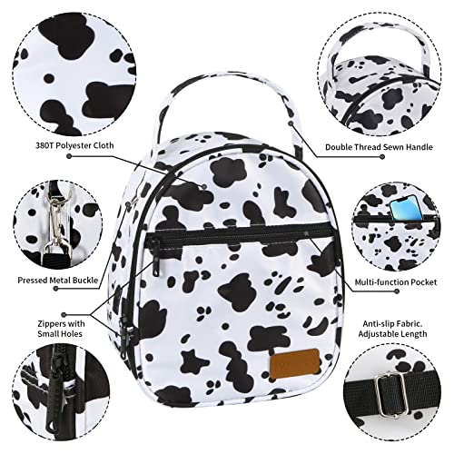 Joymee Lunch Box Insulated Lunch Bag Women Men Reusable Cooler Bag Adult Cute Lunch Tote Bags Organizer with Front Zipper Pocket,Adjustable Shoulder Strap for Work Office Picnic Travel,Cow Print White