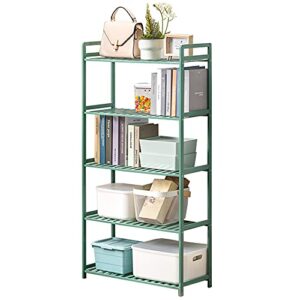 iotxy adjustable multifunctional shelving unit - large 5-tier bamboo freestanding shelf, bathroom towel storage shelves, entryway shoe rack, kitchen organizer, living room open bookshelf, light green