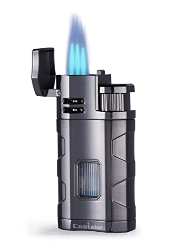 Castelar Torch Lighter Triple Jet Flame Refillable Butane Lighter with Punch Rest Holder - Butane Not Included (Gunmetal)