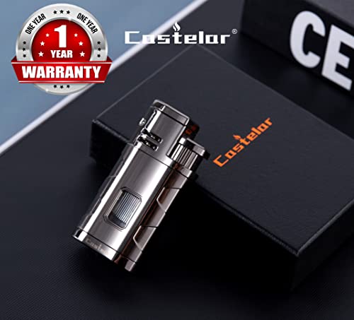 Castelar Torch Lighter Triple Jet Flame Refillable Butane Lighter with Punch Rest Holder - Butane Not Included (Gunmetal)