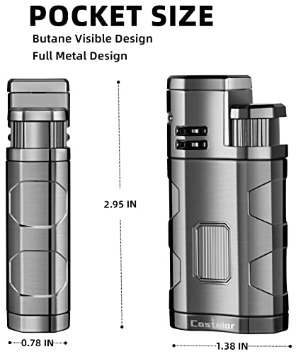 Castelar Torch Lighter Triple Jet Flame Refillable Butane Lighter with Punch Rest Holder - Butane Not Included (Gunmetal)