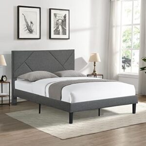 queen size platform bed frame with fabric upholstered headboard and wooden slats support, fully upholstered mattress foundation/no box spring needed/easy assembly (grey, queen)