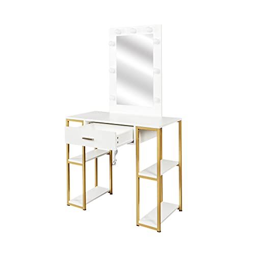 Holaki Vanity Set with 9 LED Lights,Modern White Gold Vanity Desk with Mirror,Cushioned Stool,A Drawer & 4 Open Shelves,Makeup Table,Vanity Dressing Table for Women,Girls Gifts,Adjustable Brightness