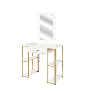 Holaki Vanity Set with 9 LED Lights,Modern White Gold Vanity Desk with Mirror,Cushioned Stool,A Drawer & 4 Open Shelves,Makeup Table,Vanity Dressing Table for Women,Girls Gifts,Adjustable Brightness