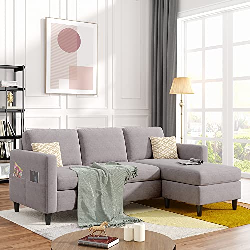 Morhome Rivet Revolve Modern Upholstered Sofa with Reversible Sectional Chaise, Living Room L-Shape 3-Seater Couch, Gray Linen