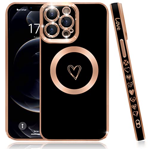 SZXYCZL Compatible with iPhone 12 Pro Max Case Magsafe, Cute Heart Pattern Luxury Plating Full Camera Lens Protection Magnetic Case for iPhone 12 Pro Max for Women Girl-Black