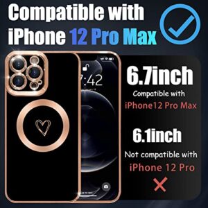 SZXYCZL Compatible with iPhone 12 Pro Max Case Magsafe, Cute Heart Pattern Luxury Plating Full Camera Lens Protection Magnetic Case for iPhone 12 Pro Max for Women Girl-Black