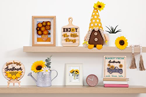 Sunflower Decor - Tiered Tray Decor Farmhouse Sunflower Kitchen Decor - Sunflower Gnomes Decorations - Wooden Signs for Home Table Fireplace (Not Included Tray)