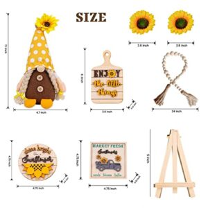 Sunflower Decor - Tiered Tray Decor Farmhouse Sunflower Kitchen Decor - Sunflower Gnomes Decorations - Wooden Signs for Home Table Fireplace (Not Included Tray)