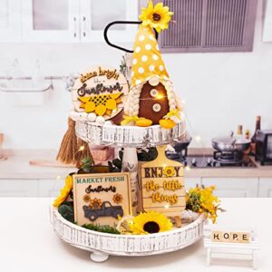 Sunflower Decor - Tiered Tray Decor Farmhouse Sunflower Kitchen Decor - Sunflower Gnomes Decorations - Wooden Signs for Home Table Fireplace (Not Included Tray)