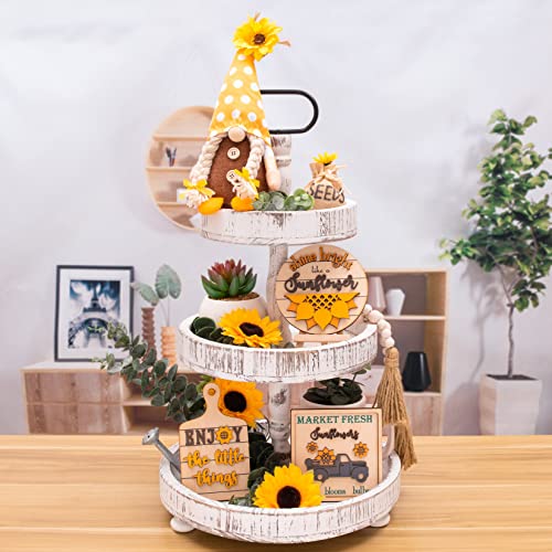 Sunflower Decor - Tiered Tray Decor Farmhouse Sunflower Kitchen Decor - Sunflower Gnomes Decorations - Wooden Signs for Home Table Fireplace (Not Included Tray)