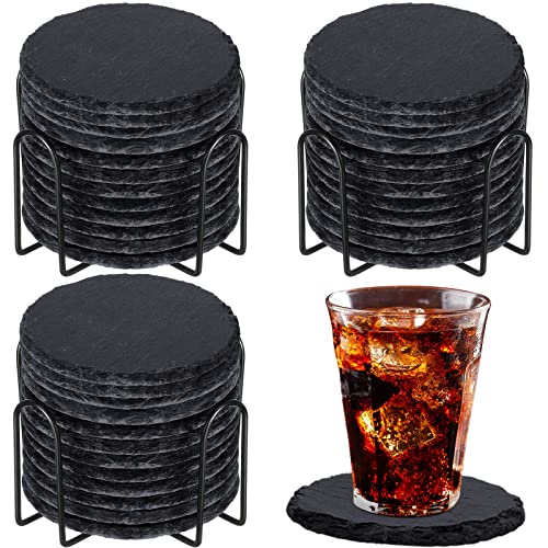 48 Pieces Round Slate Coasters Bulk with 4 Metal Holders 4 Inch Slate Drink Coasters Stone Coasters with Anti Scratch Bottom for Table Home Coffee Cup Kitchen Glass Office Bar Apartment Gift, Black