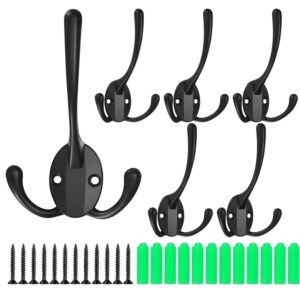 youyidun 6 pcs three prongs coat hooks, heavy duty wall mounted clothes hooks, black retro metal towel robe hooks with screws for hanging coat, scarf, bag, towel, key, cap, hats, robes hooks