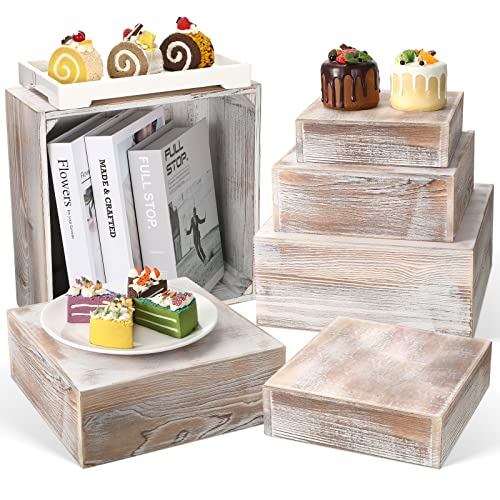 6 Pcs Wooden Display Stand Whitewashed Square Cake Stand Dessert Riser Wood Box Crate Style Display Stand Stackable Wooden Cupcake Stand for Home Bakery Decor Birthday Wedding Party Favors, 3 Sizes