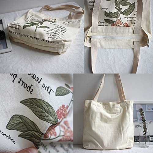 Floral Canvas Tote Bag Botanical Shopping Bag Aesthetic Flower Tote Bag Canvas Grocery Bag for Women Trendy Tote