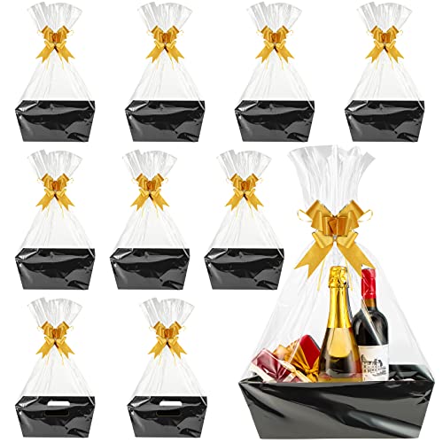 Easter Empty Gift Basket Set for Gifts Include 10 Pcs 10 x 8 x 3 Inches Black Tray Cardboard Basket with Handle, 10 Pcs Wrap Bags and 10 Pcs Gold Bows for Easter Wedding Birthday Gift Packages