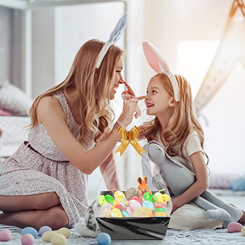 Easter Empty Gift Basket Set for Gifts Include 10 Pcs 10 x 8 x 3 Inches Black Tray Cardboard Basket with Handle, 10 Pcs Wrap Bags and 10 Pcs Gold Bows for Easter Wedding Birthday Gift Packages