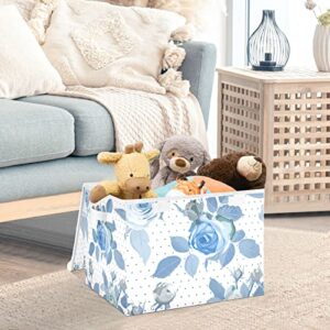 Kigai Storage Basket Blue Rose Storage Boxes with Lids and Handle, Large Storage Cube Bin Collapsible for Shelves Closet Bedroom Living Room, 16.5x12.6x11.8 In