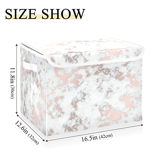 Leideawo Collapsible Storage Boxes Marble Rose Gold Storage Baskets Washable With Lids And Handle For Home Bedroom Closet Office