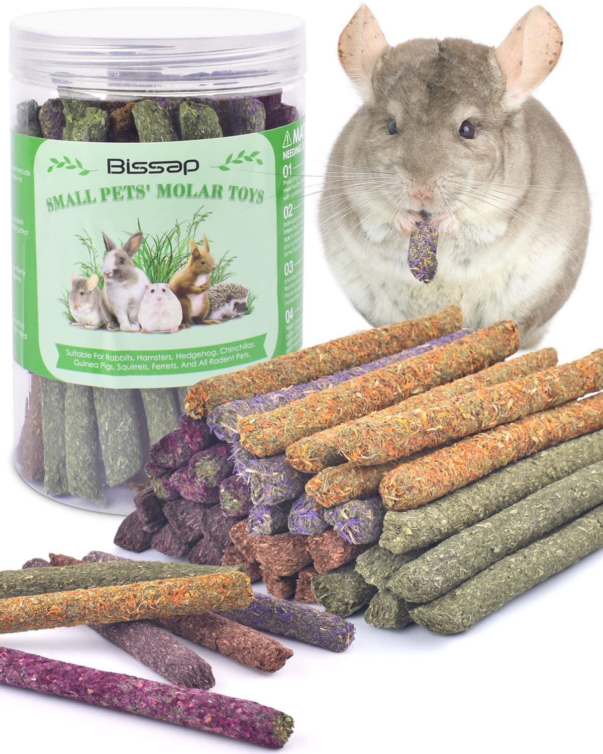 Bissap 36PCS Bunny Chew Sticks, Mixed Natural Timothy Hay Carrot Purple Potato Flowers Rabbit Treats for Bunny Chinchilla Guinea Pig Hamster and Other Small Animals Molar Snack Toy