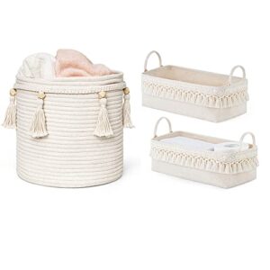 mkono macrame decorative rope basket and boho storage baskets organizer for home bedroom living room college dorm bed, set of 3