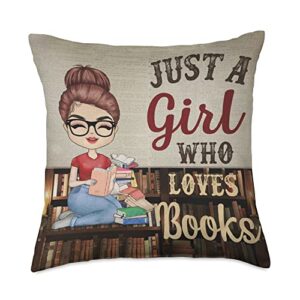 just a woman who loves books reading chibi girl vintage throw pillow, 18x18, multicolor