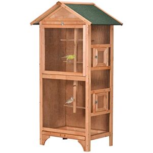 pawhut 60" wooden outdoor bird cage for finches, parakeet, large bird cage with removable bottom tray 4 perch, orange