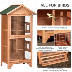 PawHut 60" Wooden Outdoor Bird Cage for Finches, Parakeet, Large Bird Cage with Removable Bottom Tray 4 Perch, Orange