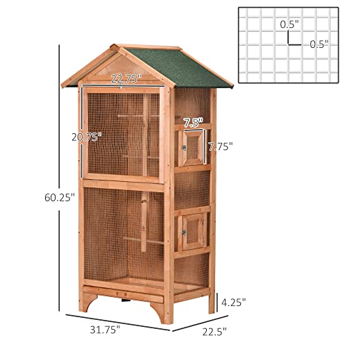 PawHut 60" Wooden Outdoor Bird Cage for Finches, Parakeet, Large Bird Cage with Removable Bottom Tray 4 Perch, Orange