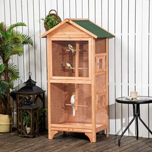 PawHut 60" Wooden Outdoor Bird Cage for Finches, Parakeet, Large Bird Cage with Removable Bottom Tray 4 Perch, Orange