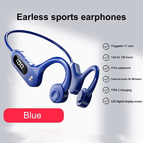 porfeet Wireless Earbud High Fidelity Intelligent Noise Reduction LED Digital Display Waterproof Bluetooth-Compatible 5.3 Real Bone Conduction Headphone for Sports Blue A