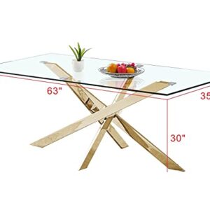 Glass Dining Table for 6 - Dining Room Table with Gold Stainless Steel Legs, 63 inch Rectangular Dining Table Kitchen Table, Modern Dining Table for Kitchen Dining Room, Home Office Furniture