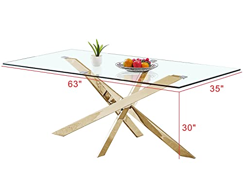 Glass Dining Table for 6 - Dining Room Table with Gold Stainless Steel Legs, 63 inch Rectangular Dining Table Kitchen Table, Modern Dining Table for Kitchen Dining Room, Home Office Furniture