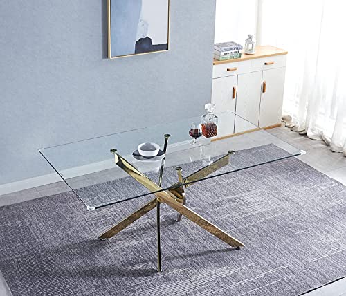 Glass Dining Table for 6 - Dining Room Table with Gold Stainless Steel Legs, 63 inch Rectangular Dining Table Kitchen Table, Modern Dining Table for Kitchen Dining Room, Home Office Furniture