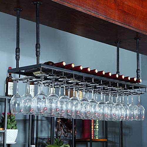 Ceiling Wine Rack Suspension Wine Bottle Rack Bar Wine Glass Rack European Style Goblet Holder J1011, PIBM, Black, L80×W30cm