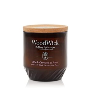 woodwick® renew medium candle, black currant & rose scented candles, 6oz, plant based soy wax blend, made with upcycled materials and essential oils, up to 55 hours of burn time