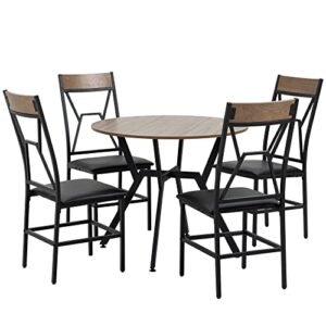 homcom industrial dining table set for 4, space-saving 5 piece kitchen table and chairs with round table, padded seat and steel frame, brown