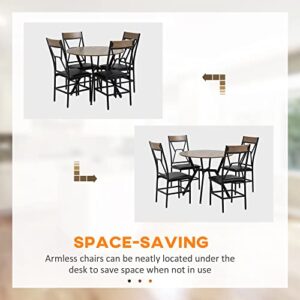 HOMCOM Industrial Dining Table Set for 4, Space-Saving 5 Piece Kitchen Table and Chairs with Round Table, Padded Seat and Steel Frame, Brown