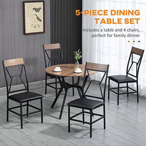 HOMCOM Industrial Dining Table Set for 4, Space-Saving 5 Piece Kitchen Table and Chairs with Round Table, Padded Seat and Steel Frame, Brown